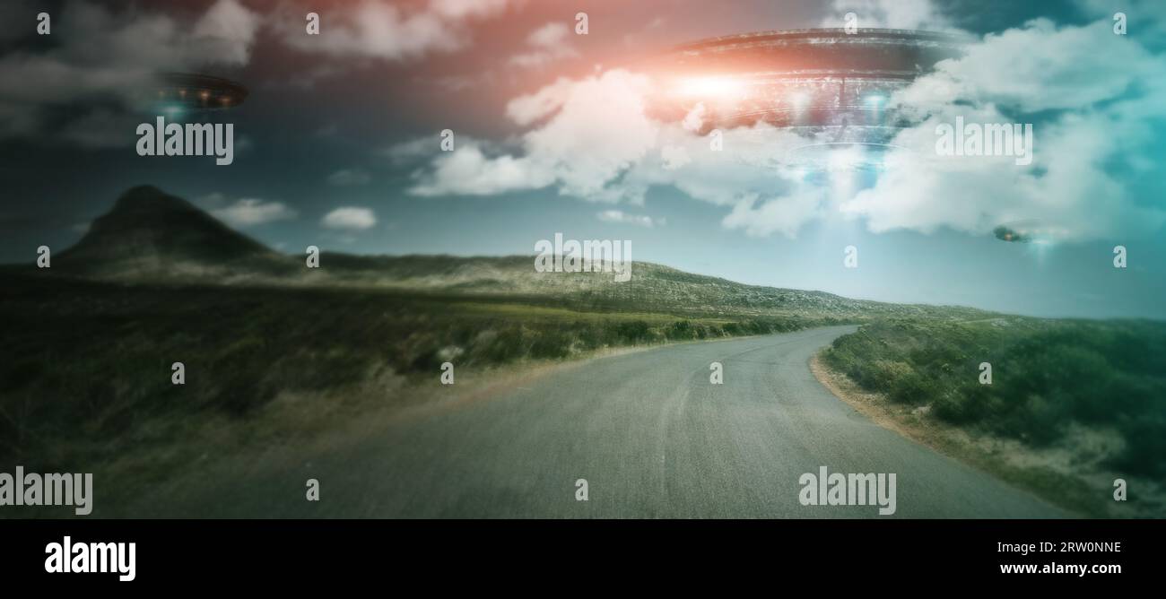 Road, UFO and spaceship with blue sky, innovation and planet with ...