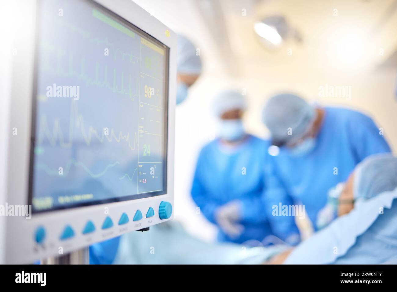 Heart monitor, hospital team and surgery of patient for emergency ...