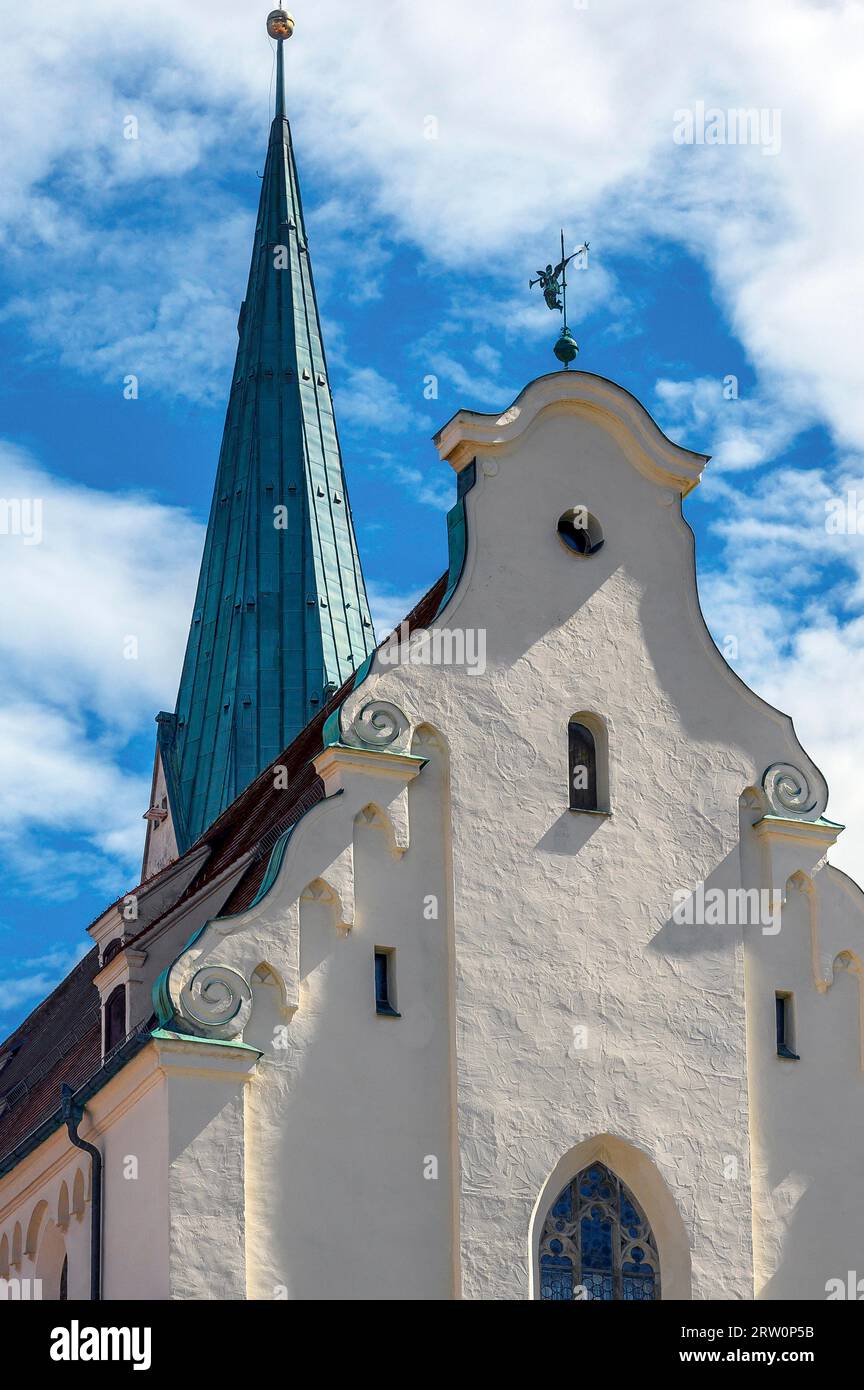 Church tower and baroque gable, tail gable with angel and trombone as ...