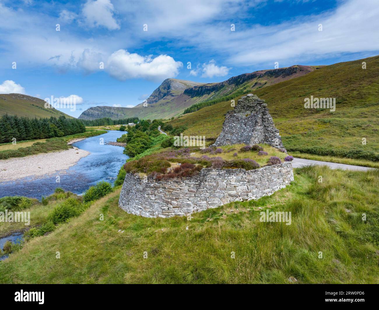 Aerial view of Dun Dornaigil Broch near Alltnacaillich in the Scottish ...