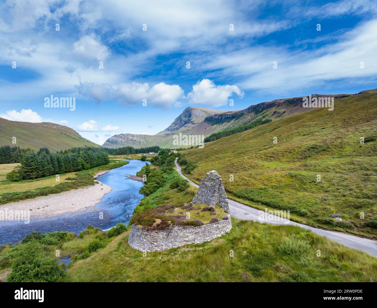 Aerial view of Dun Dornaigil Broch near Alltnacaillich in the Scottish ...
