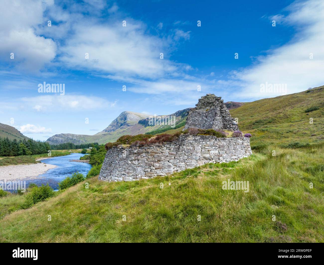 Aerial view of Dun Dornaigil Broch near Alltnacaillich in the Scottish ...