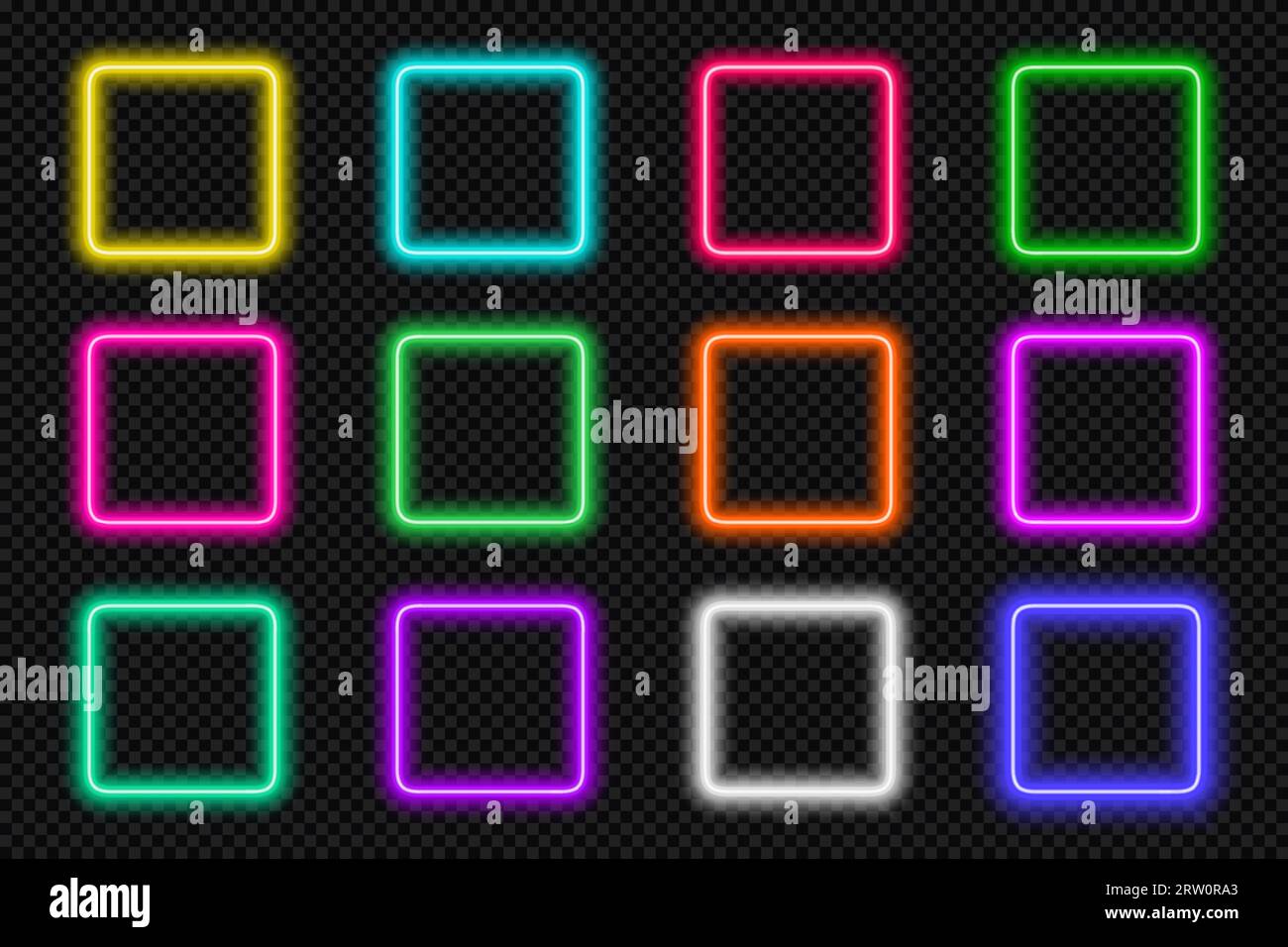 Neon frame square set. Glowing coloful rounded rectangle borders. Geometric shape action button ...