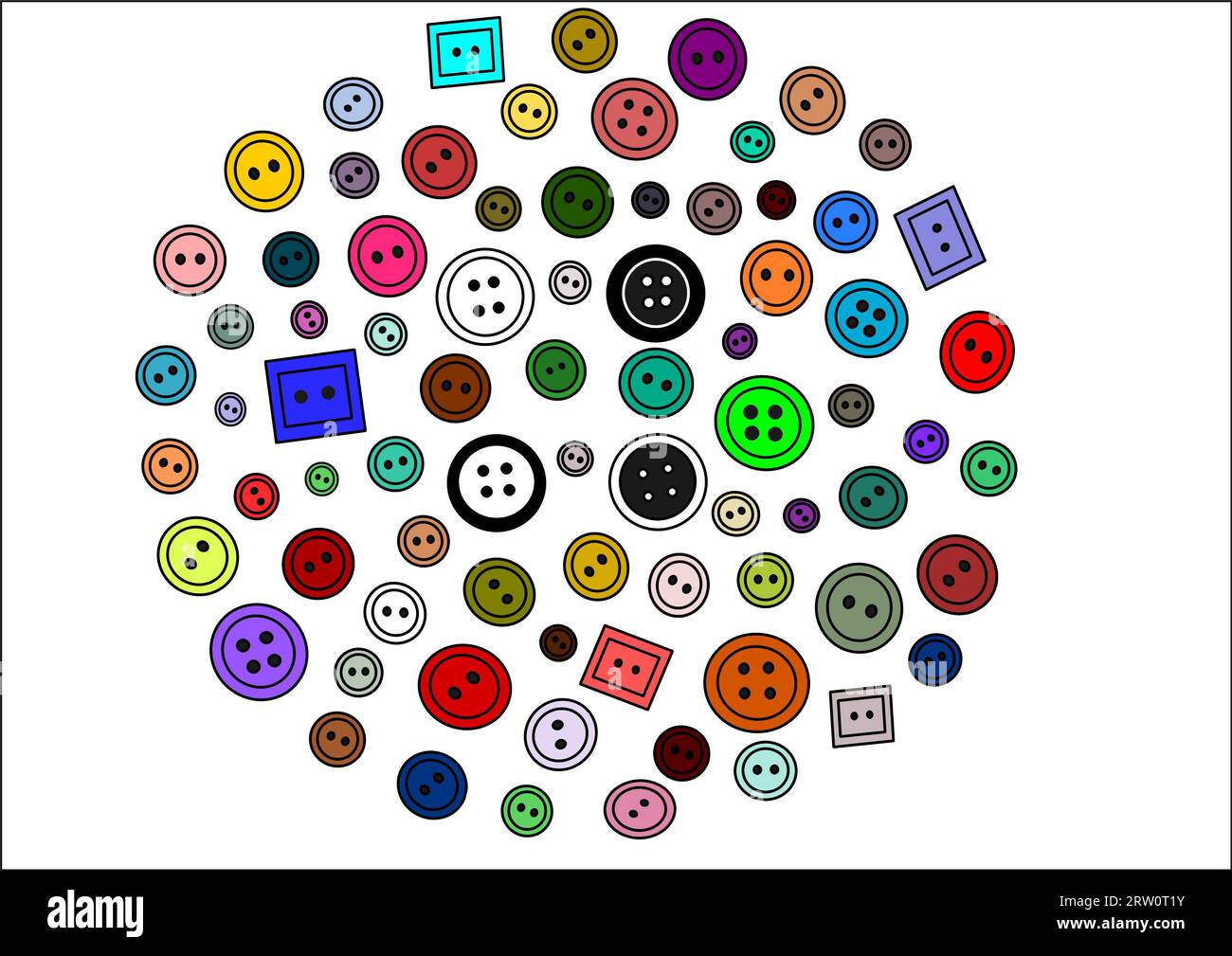 Buttons in different shapes and colours, arranged in a circle, white ...