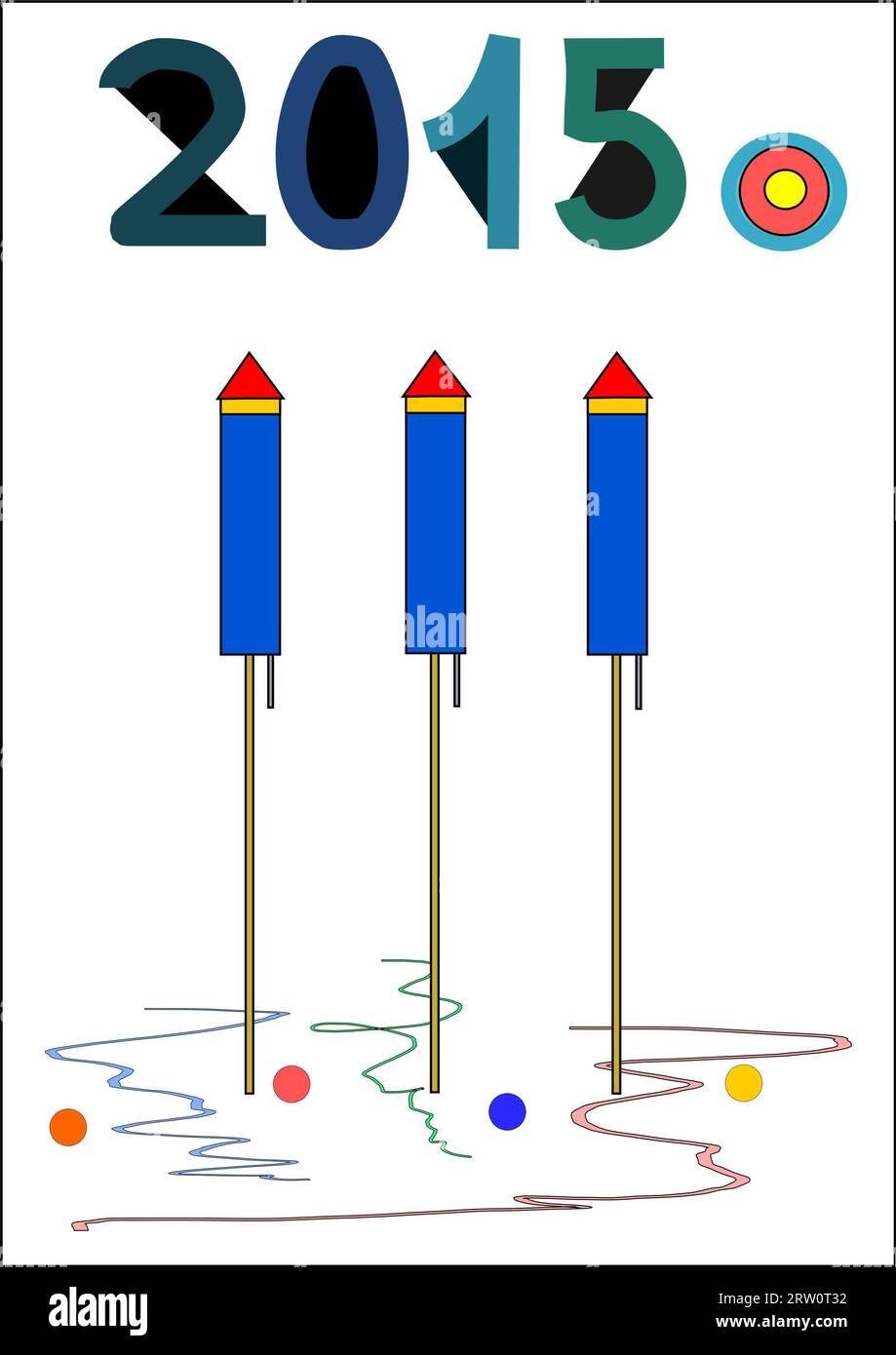 Start of the new year 2015, three rockets, streamers and confetti ...