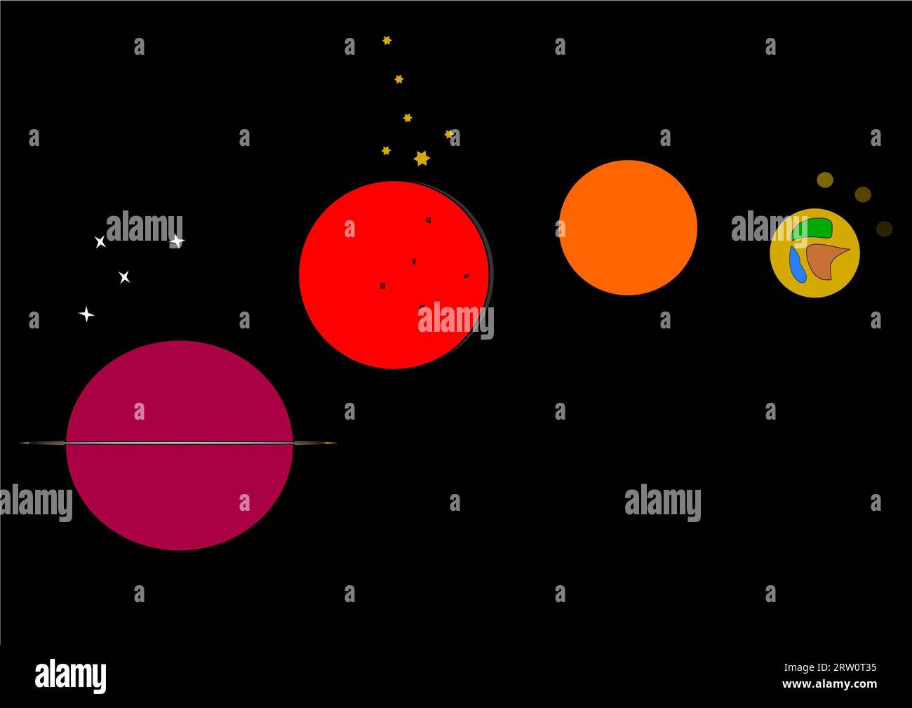 View into space, four planets and some star systems, illustration Stock ...