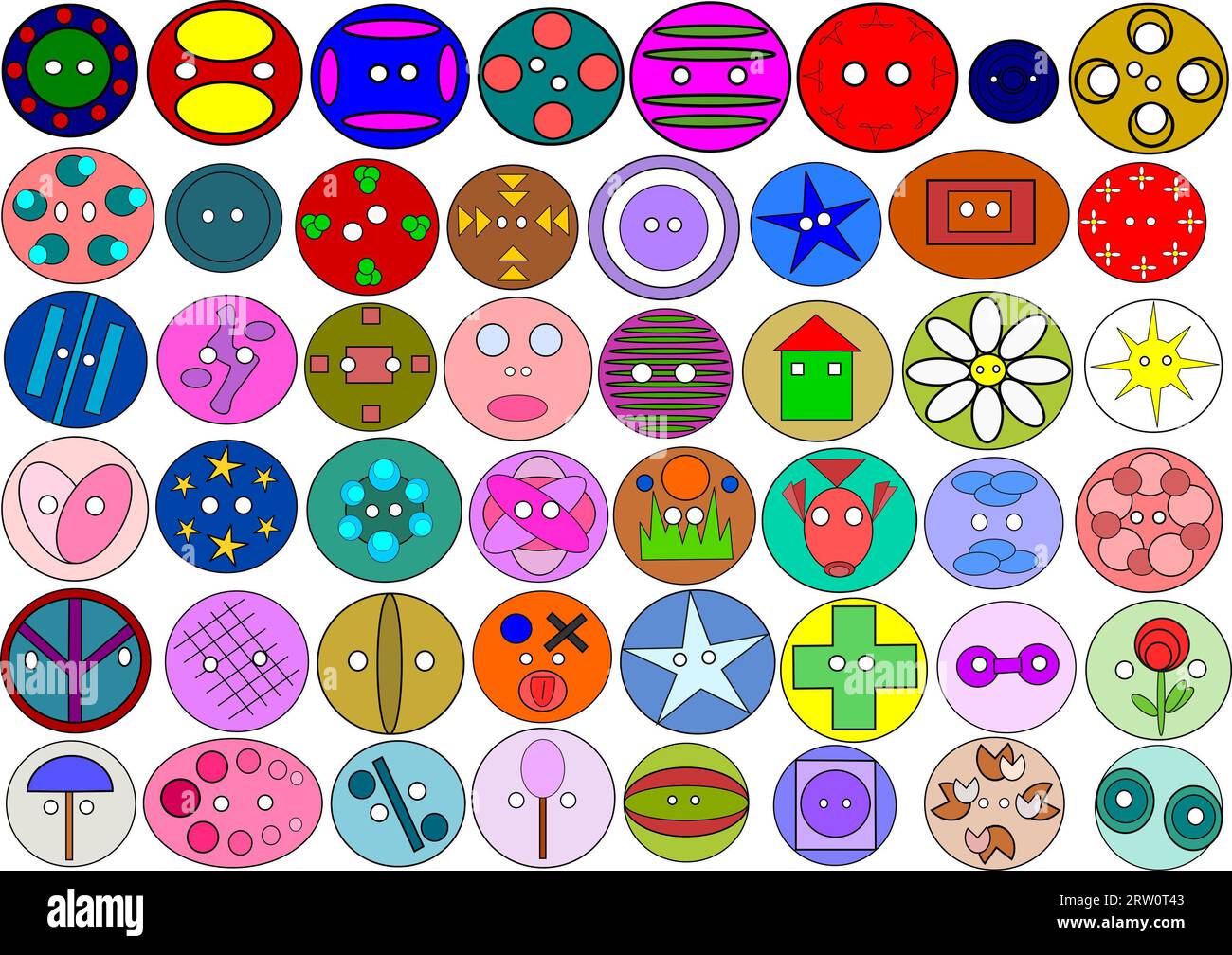 Colourful buttons in different sizes, shapes and colours, white ...