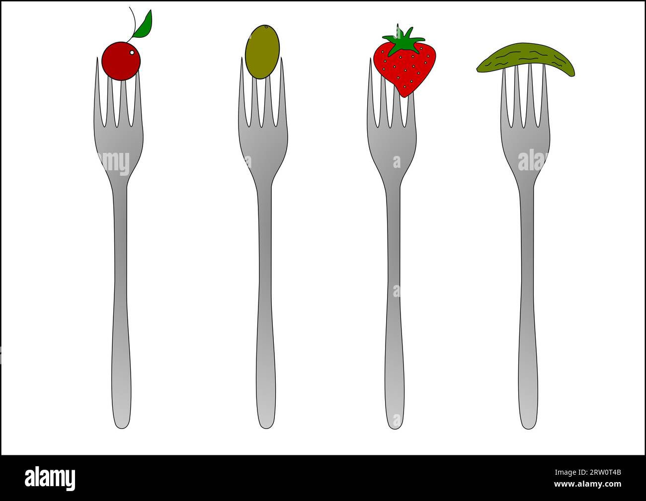 Four forks each with a cherry, a green olive, a strawberry and a ...
