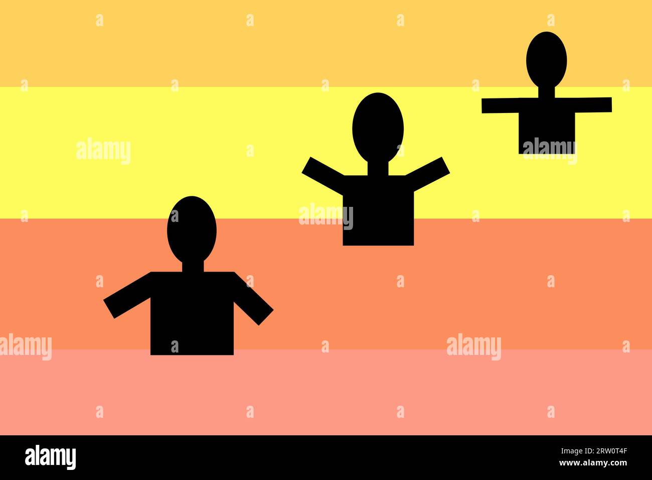 Block colours in shades of red with three different personified symbols ...