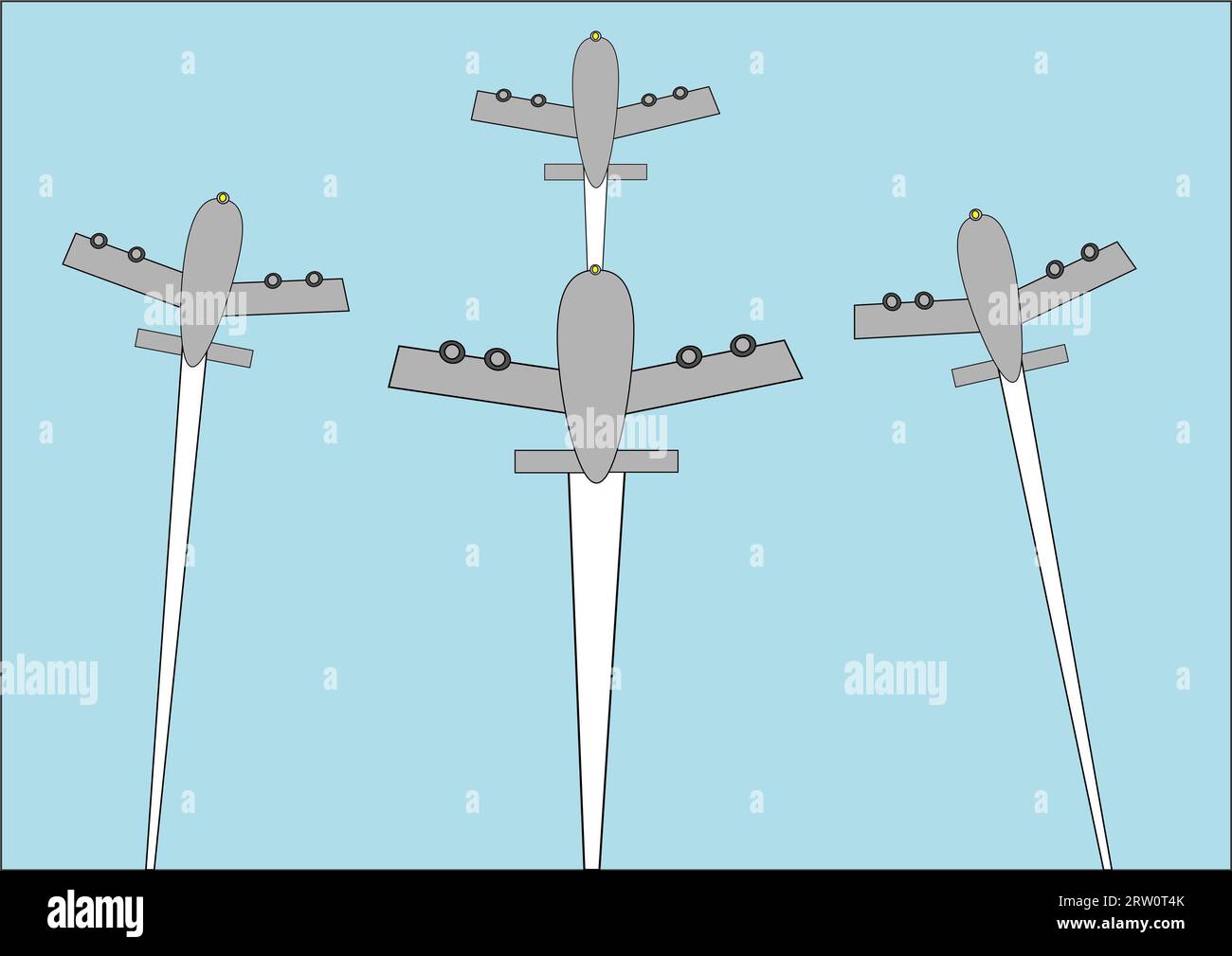 Formation flight with five aircraft, background blue sky, illustration ...