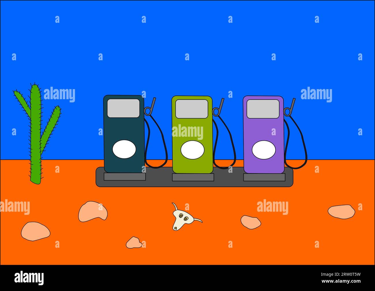 Three petrol pumps in the desert, illustration Stock Photo - Alamy