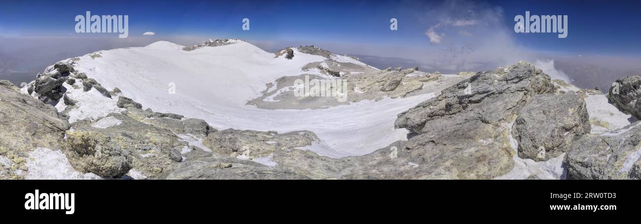 Scenic panorama of crater on Damavand volcano, highest peak in Iran ...