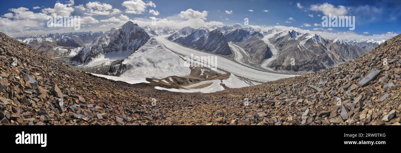 Scenic panorama of Fedchenko glacier in Pamir mountains in Tajikistan ...