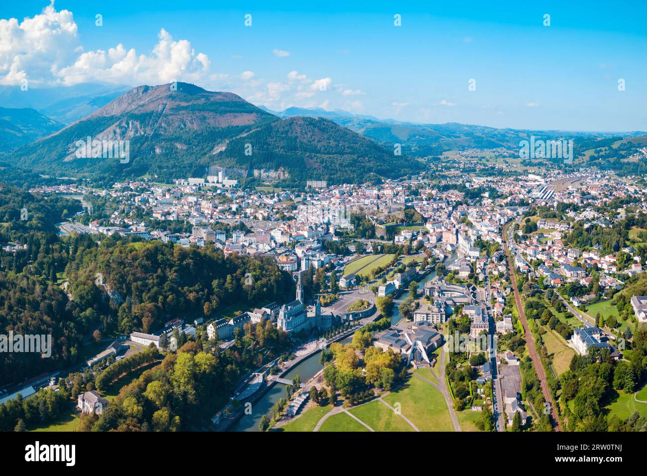 Lourdes aerial panoramic view. Lourdes is a small market town lying in ...