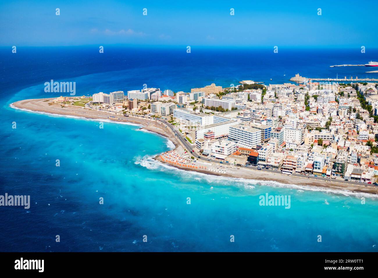 Rhodes city beach aerial panoramic view in Rhodes island in Greece ...