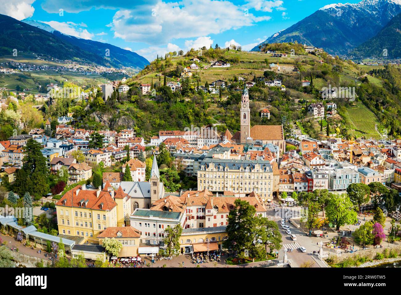 Merano city centre aerial panoramic view. Merano or Meran is a town in ...