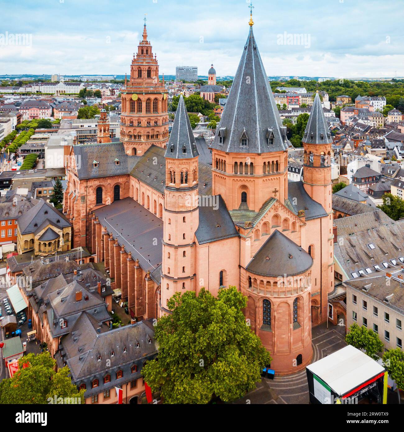 Mainz Cathedral aerial panoramic view, located at the market square of ...