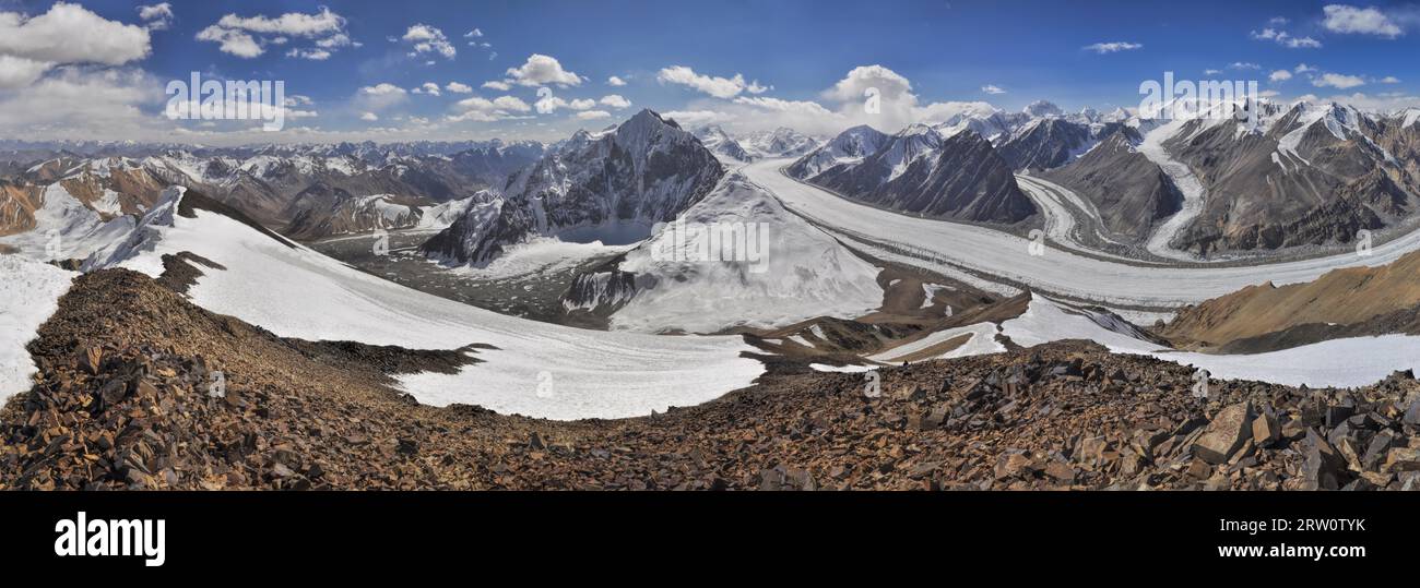 Scenic panorama of Fedchenko glacier in Pamir mountains in Tajikistan ...