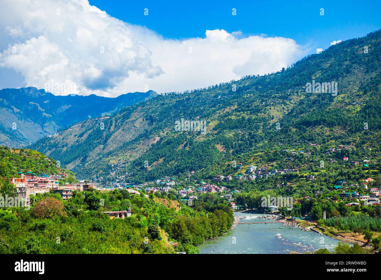 Beas river near Kullu town aerial panoramic landscape, Kullu valley in ...