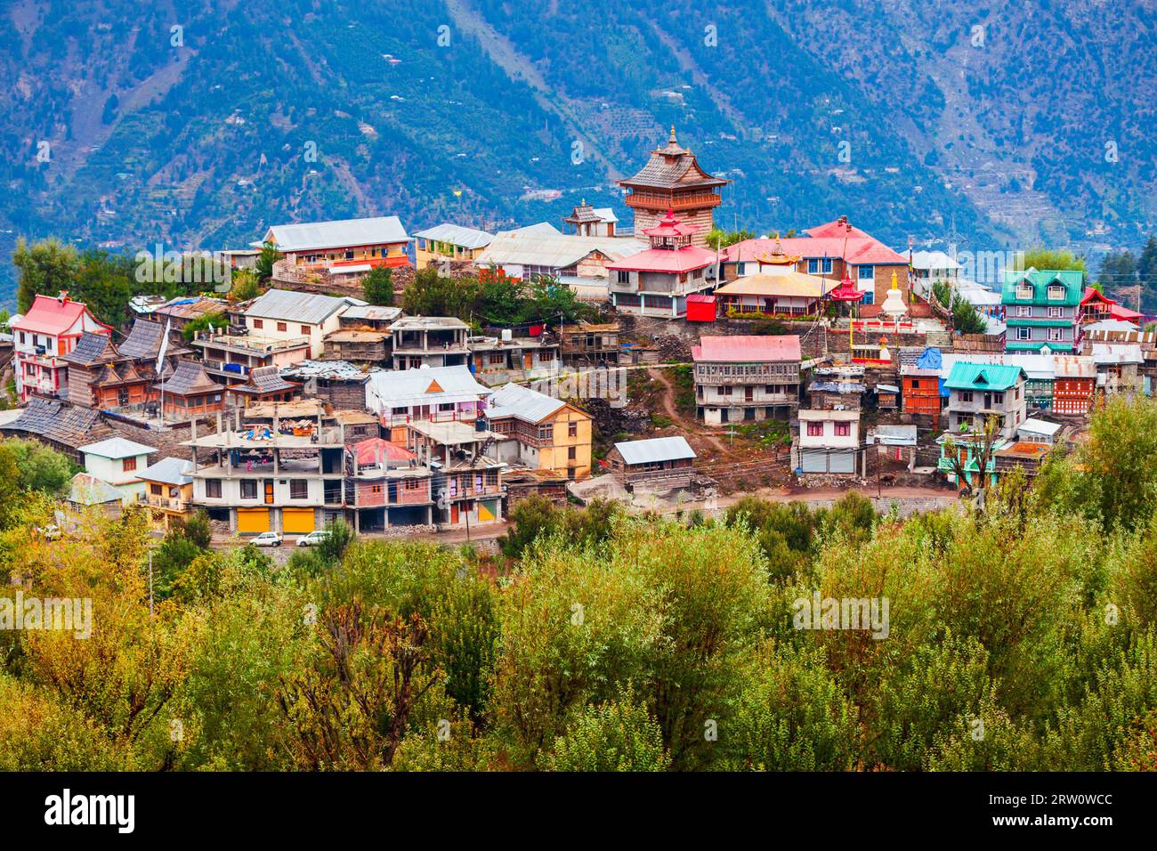 Kalpa and Kinnaur Kailash mountain aerial panoramic view. Kalpa is a ...