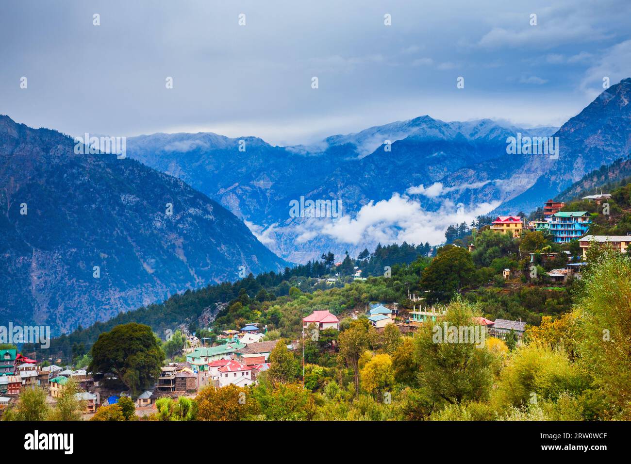 Kalpa and Kinnaur Kailash mountain aerial panoramic view. Kalpa is a ...