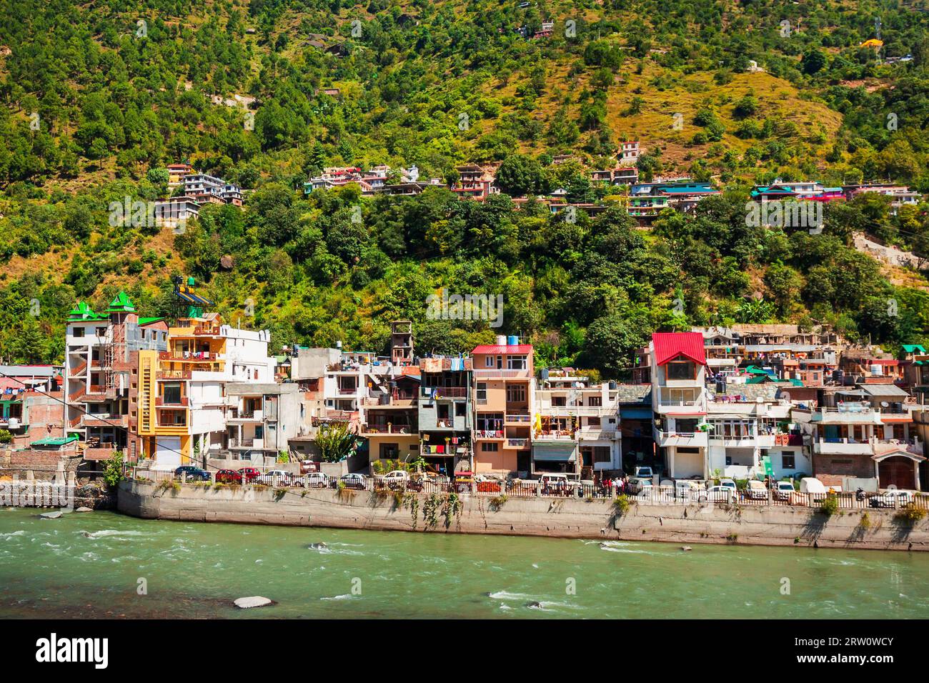 Beas river near Kullu town aerial panoramic landscape, Kullu valley in ...