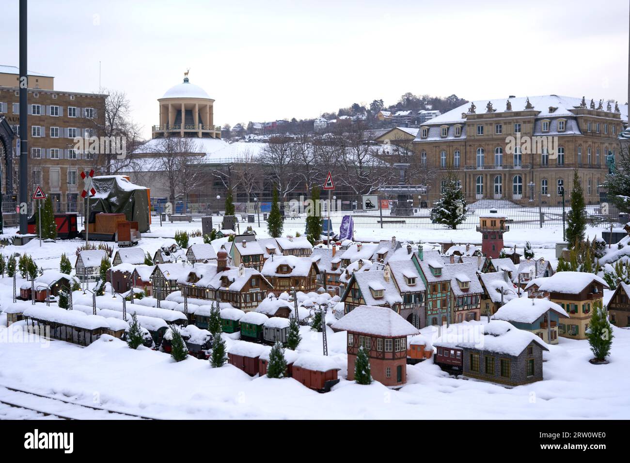 Model train at Christmas market in the city. Landscape with train and ...