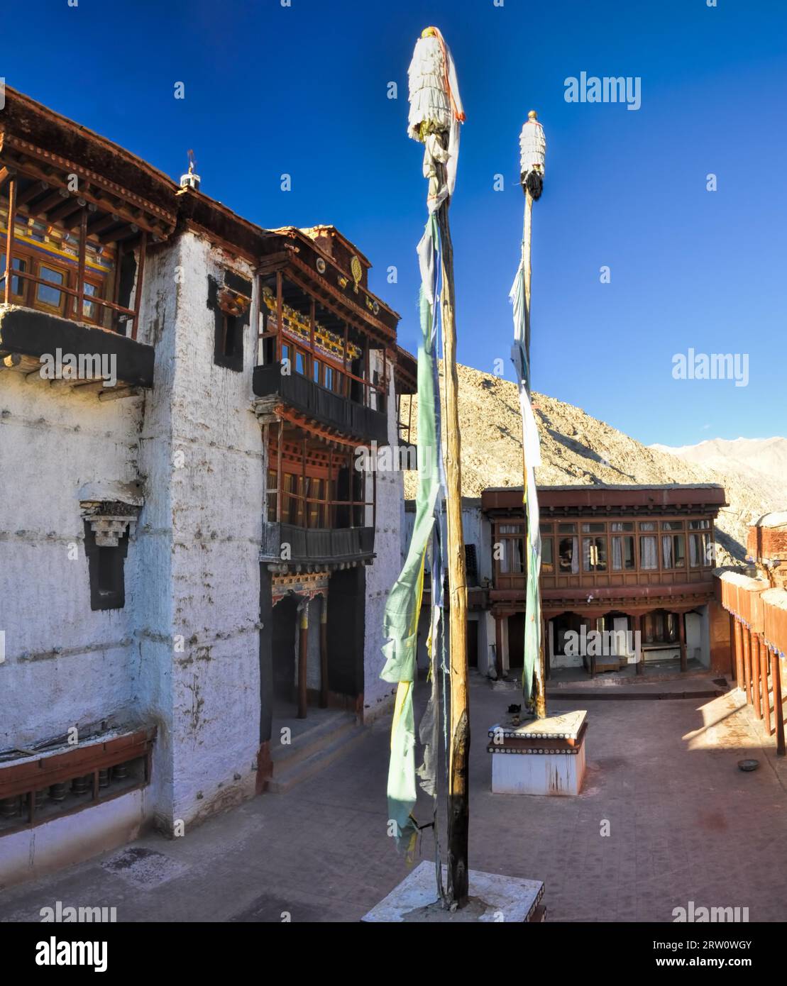 Picturesque view of shrines and temples of Chemrey monastery in Ladakh ...