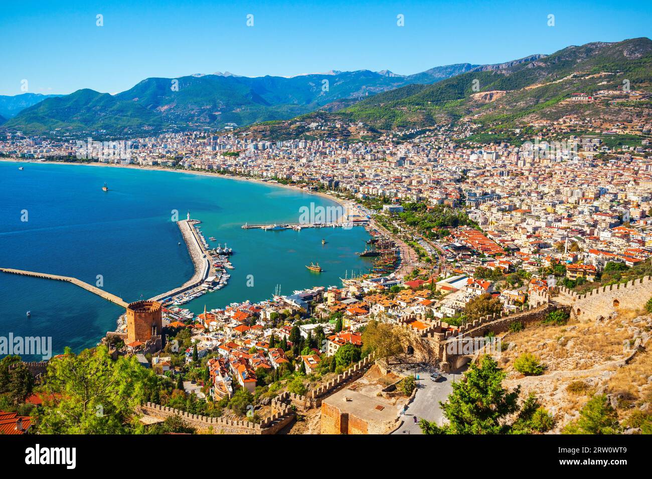 Kizil Kule Red Tower, Alanya castle and port aerial panoramic view in ...