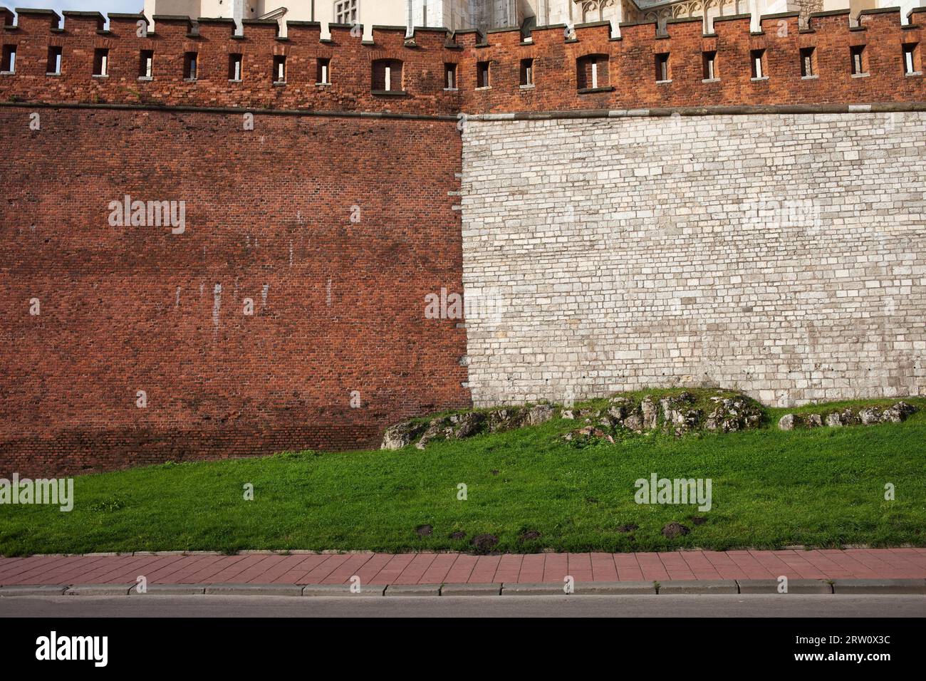 Half brick and half stone medieval wall of the Wawel Royal Castle ...