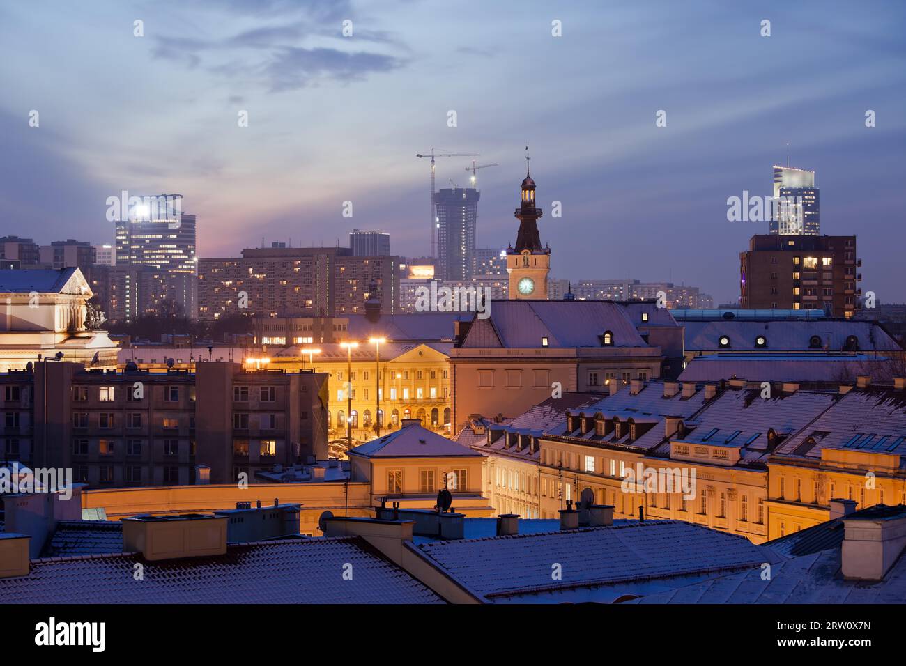 Warsaw cityscape at twilight, capital city of Poland in winter Stock ...