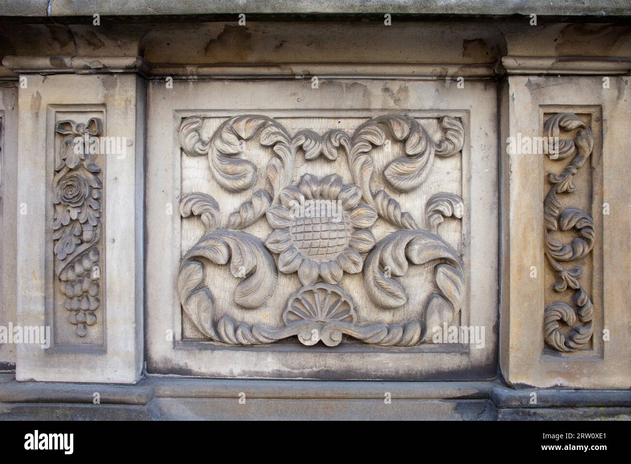 Relief sculpture with flower and plants motif on a historic Baroque ...