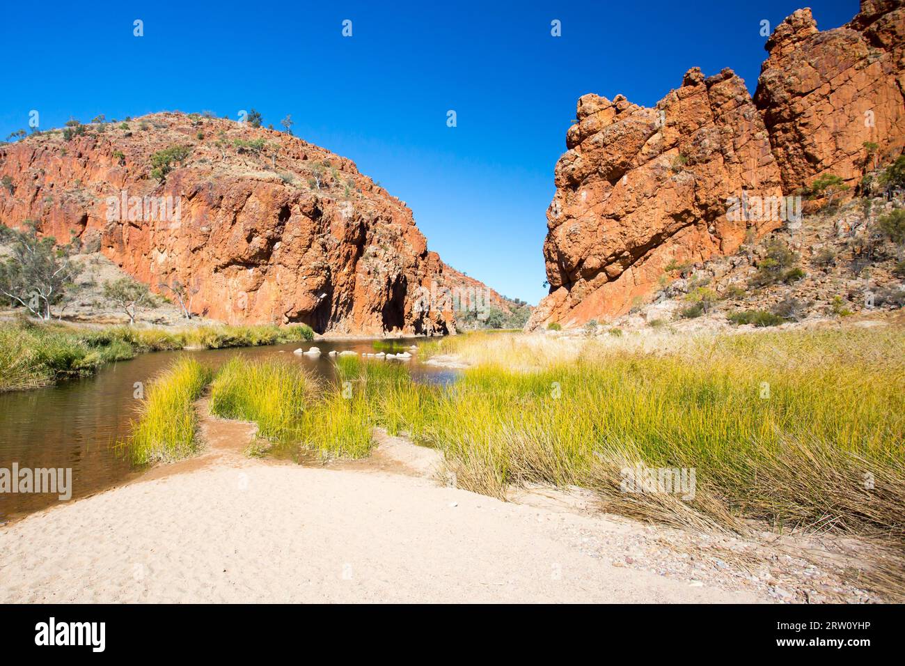 A view of Glen Helen Gorge on a clear winter's day in Northern ...