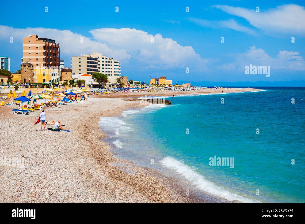 Rhodes city beach aerial panoramic view in Rhodes island in Greece ...