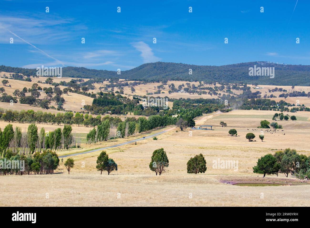 Landscape and roads in the Howqua Valley near Mt Buller on a hot summer ...