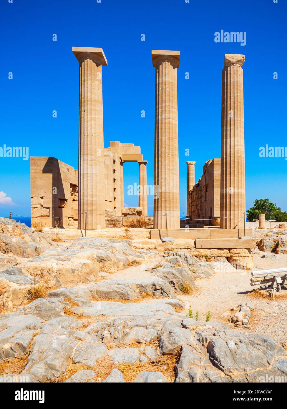 Lindos Acropolis aerial panoramic view in Rhodes island, Greece Stock ...