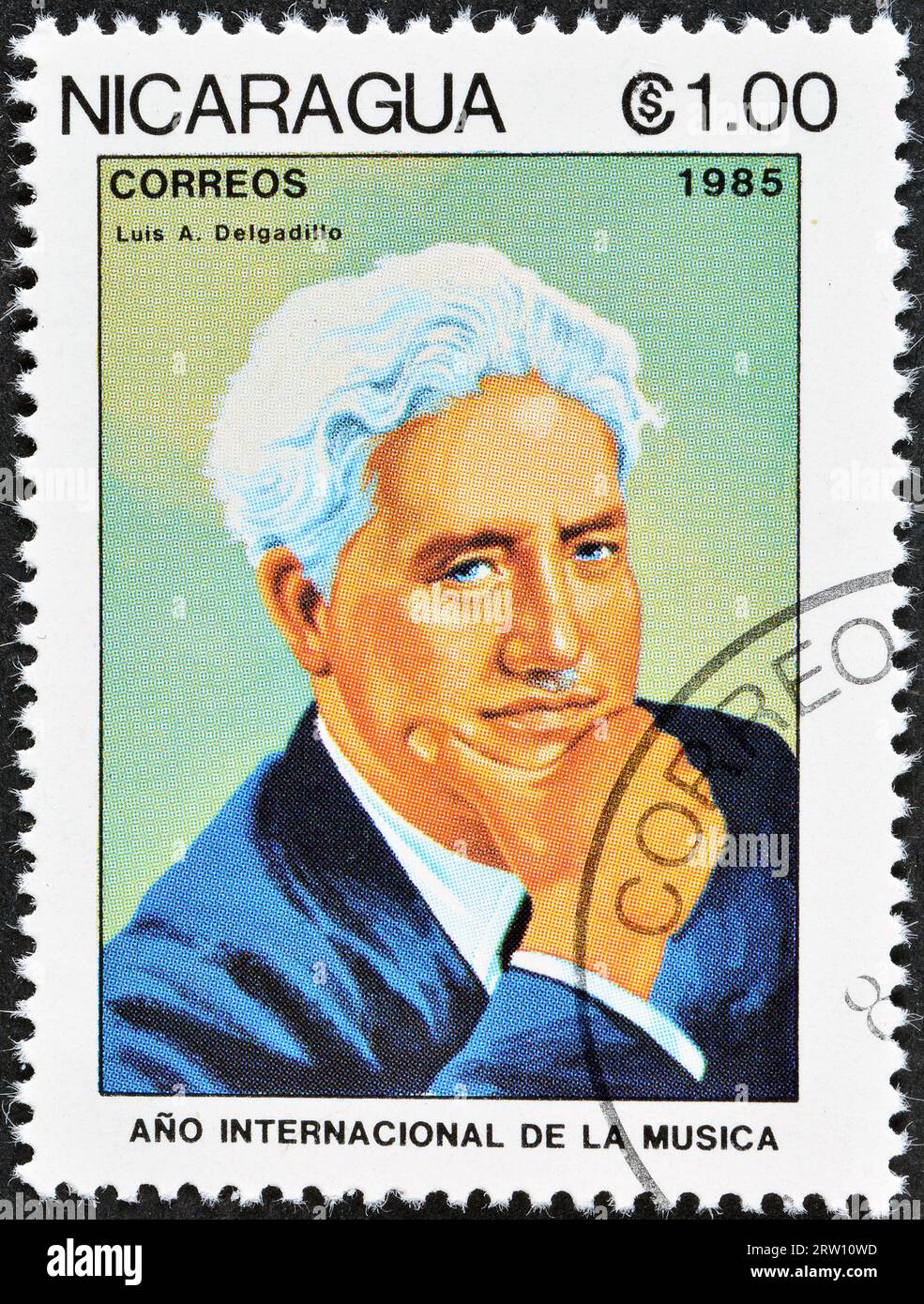 Cancelled postage stamp printed by Nicaragua, that shows Composer Luis ...