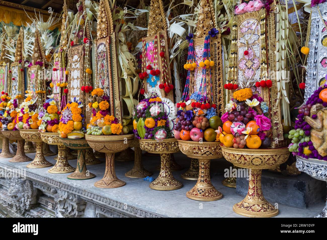 Colorful offerings at a temple ceremony on Bali, Indonesia Stock Photo ...