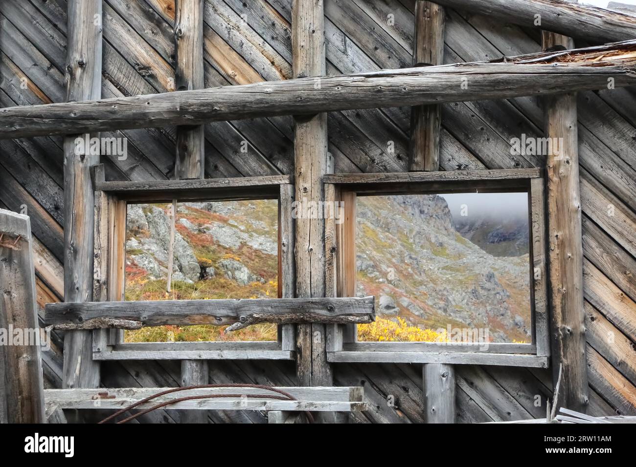 View through windows, historic Independence Mine, Hatcher Pass, Alaska ...