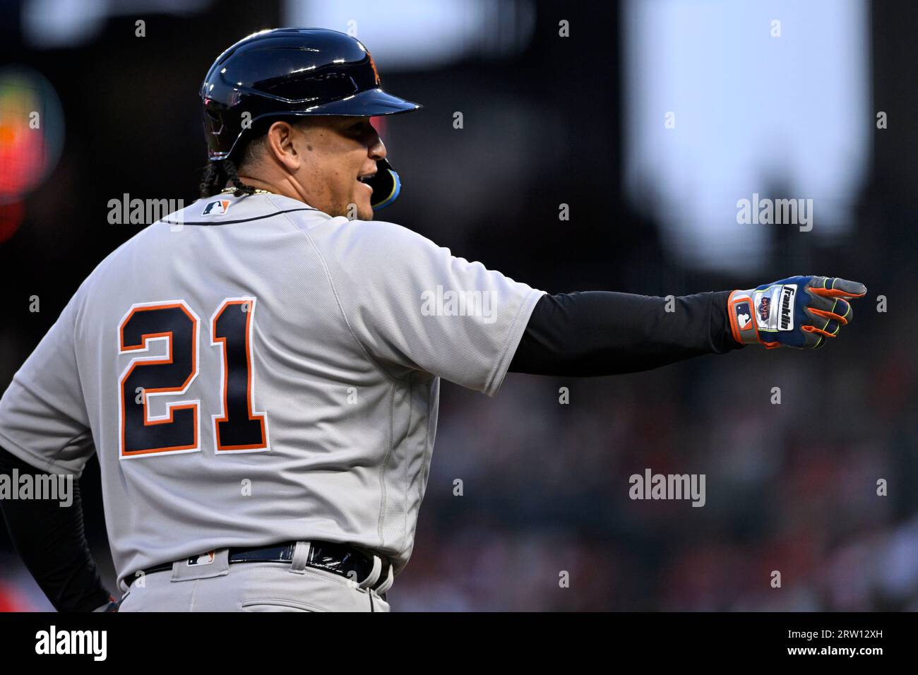 Detroit Tigers designated hitter Miguel Cabrera points and talks to the ...