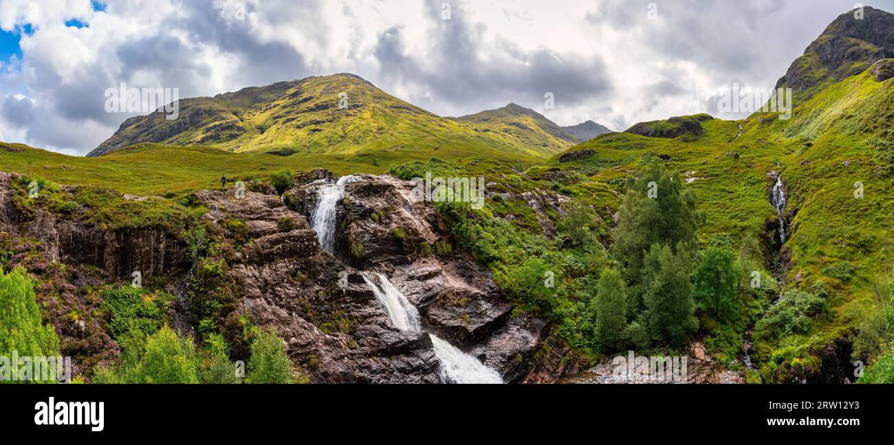 Panorama of the three waterfalls in the spectacular valley of Glencoe ...