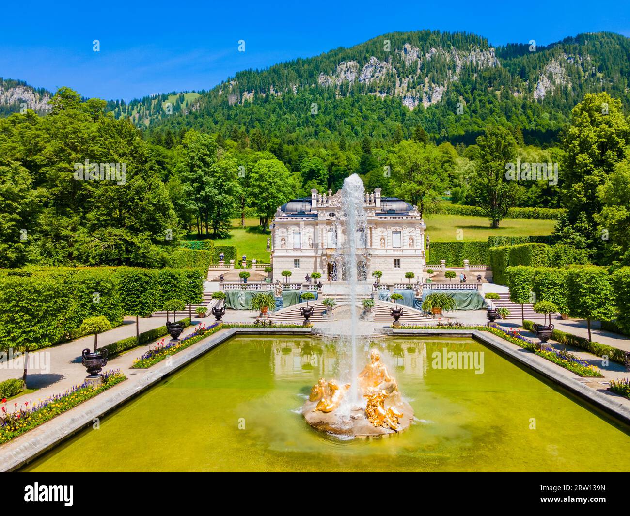 Linderhof Palace aerial panoramic view. Schloss Linderhof is located ...
