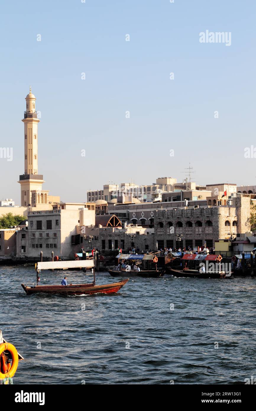 View over the Dubai Creek from Deira to Bur Dubai. Abras, the typical ...