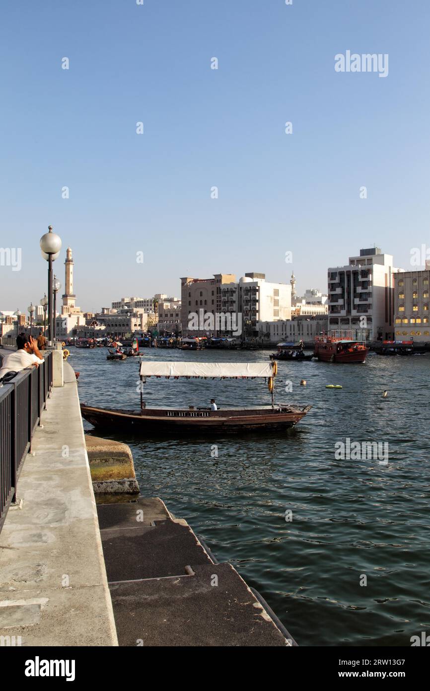 View over the Dubai Creek from Deira to Bur Dubai. Abras, the typical ...