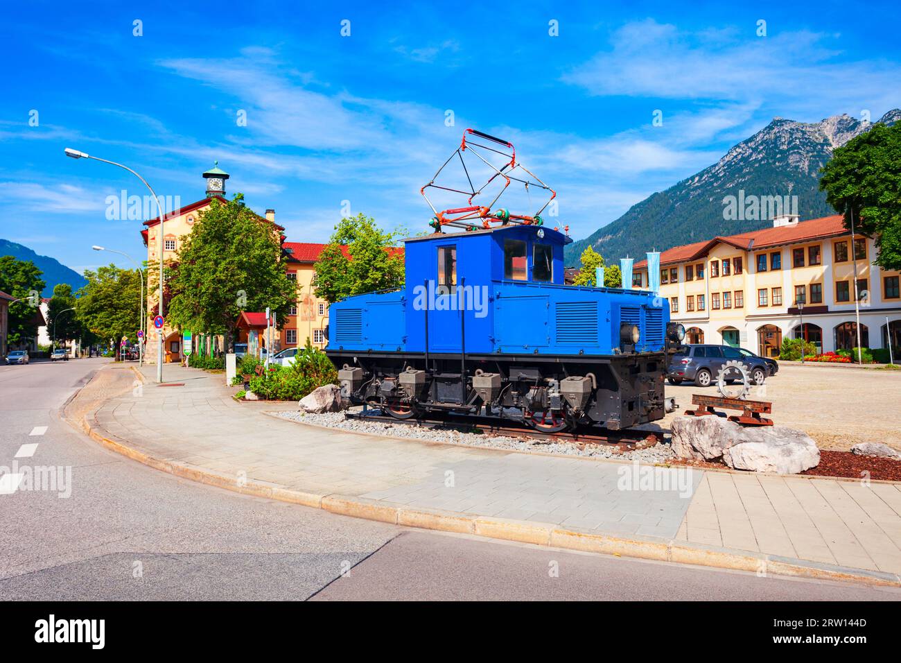 Old cog train near the Rathaus or Town Hall in Garmisch-partenkirchen ...