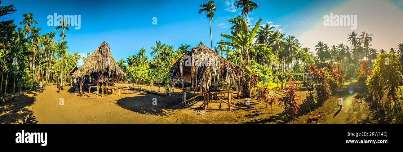 Panoramic photo of shelters made of straw and wood surrounded by ...