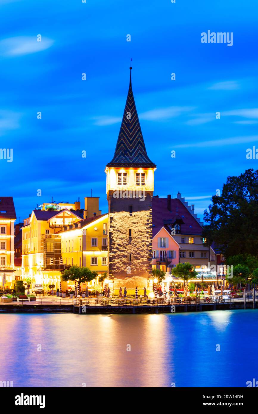 Mangturm or Mangenturm is an ancient tower in Lindau old town at night ...