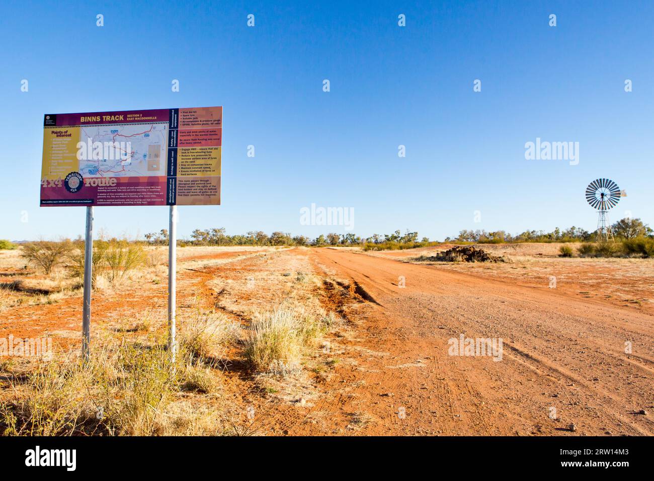 Gemtree, Australia, July 7 2015: Binns Track signage off the Plenty Hwy ...