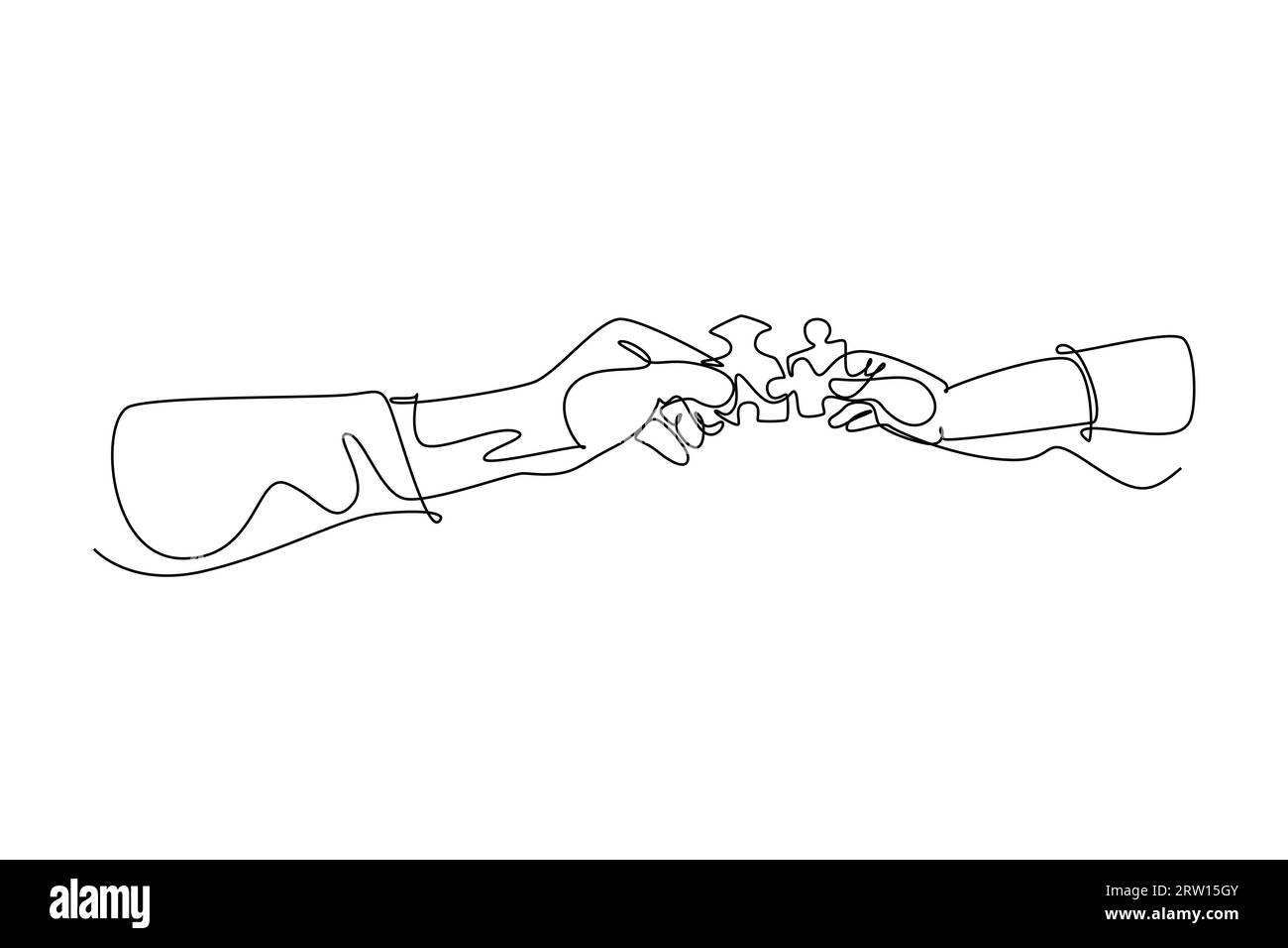 Single one line drawing two hands holding puzzle pieces, want to merge ...