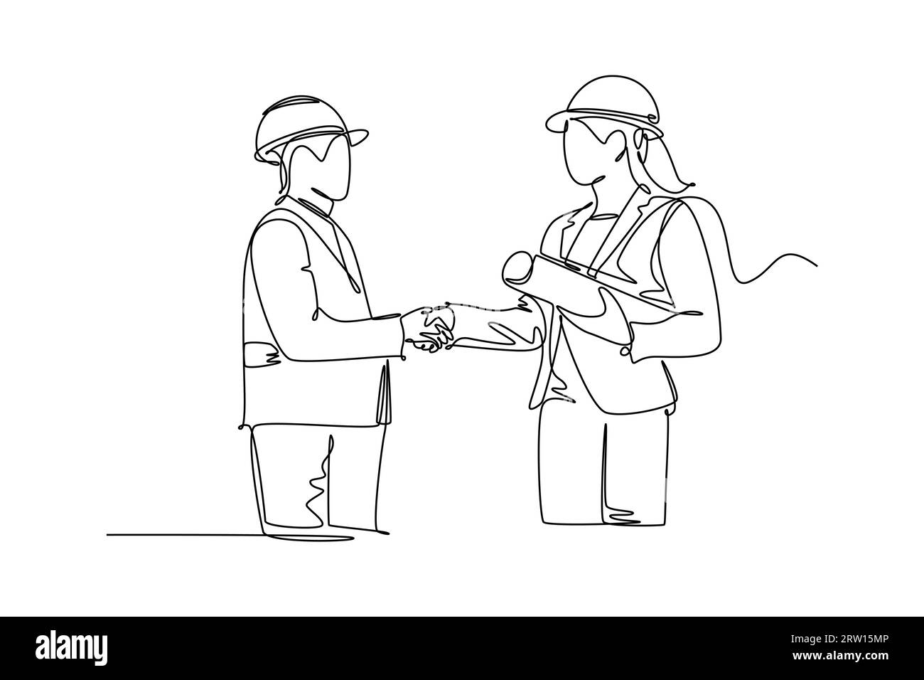 Continuous one line drawing pretty architect woman, builder foreman ...